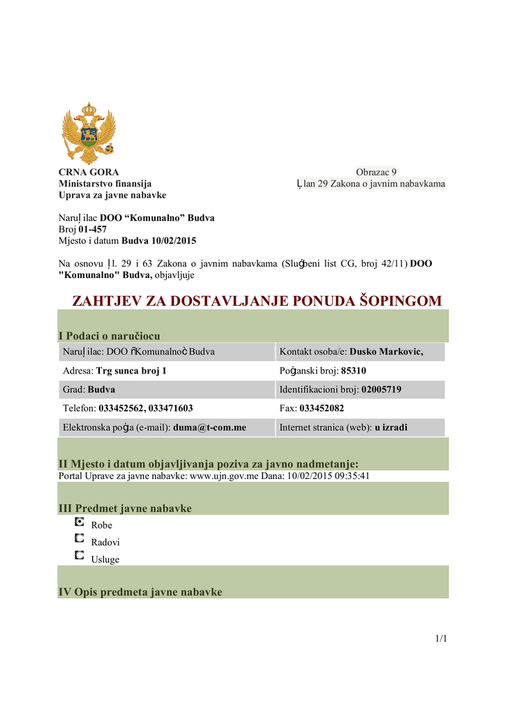 Javne nabavke - ZAHTJEV ZA DOSTAVLJANJE PONUDA ŠOPINGOM